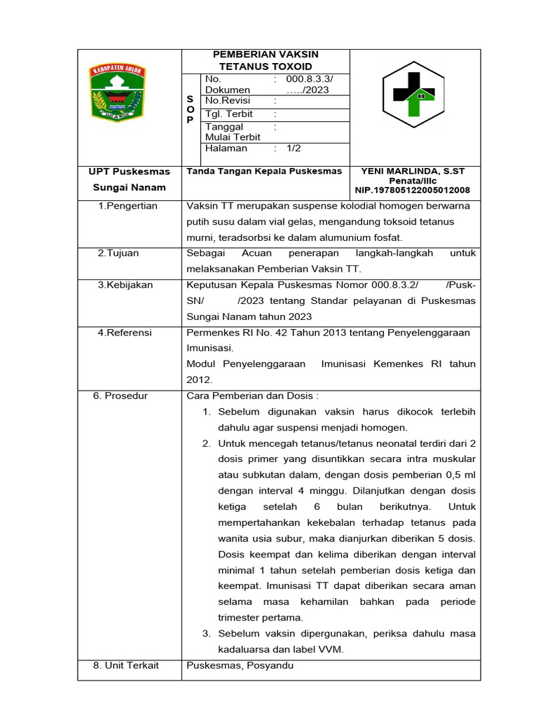 Prosedur Pemberian Vaksin Tetanus TT | PDF