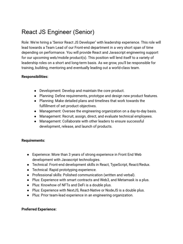 React JS Engineer (Senior) | PDF React JS Engineer (Senior) | PDF