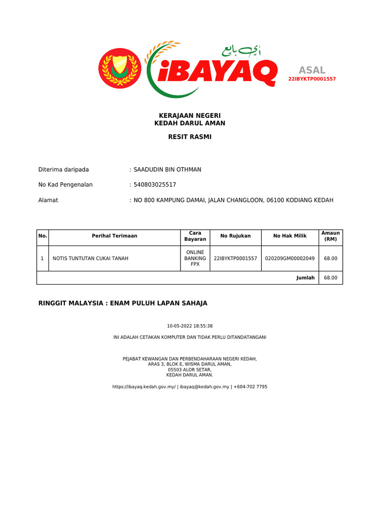 Resit Bayaran Notis Tuntutan Cukai Tanah (SAADUDIN BIN OTHMAN) | PDF