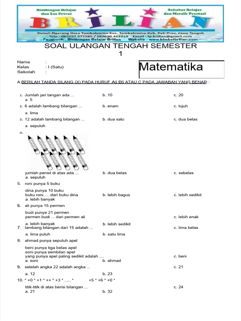 PDF Soal Uts Matematika Kelas 1 SD Semester 1 Ganjil Dan Kunci Jawaban | PDF
