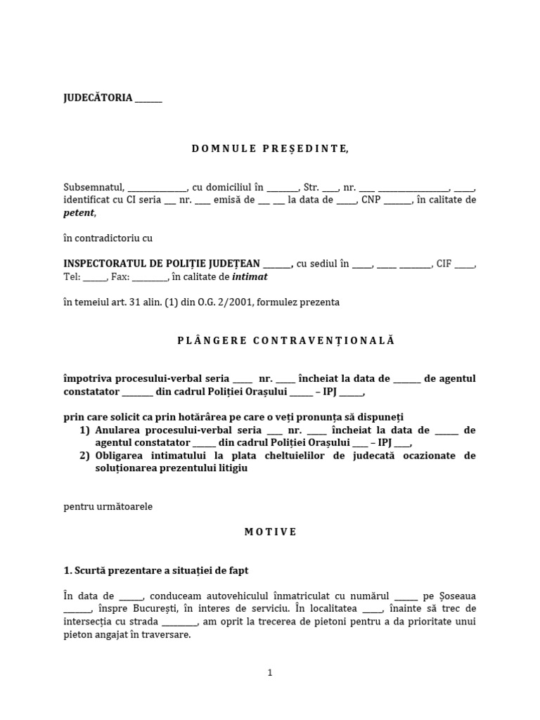 Model Plangere Contraventionala Suspendare Permis de Conducere | PDF