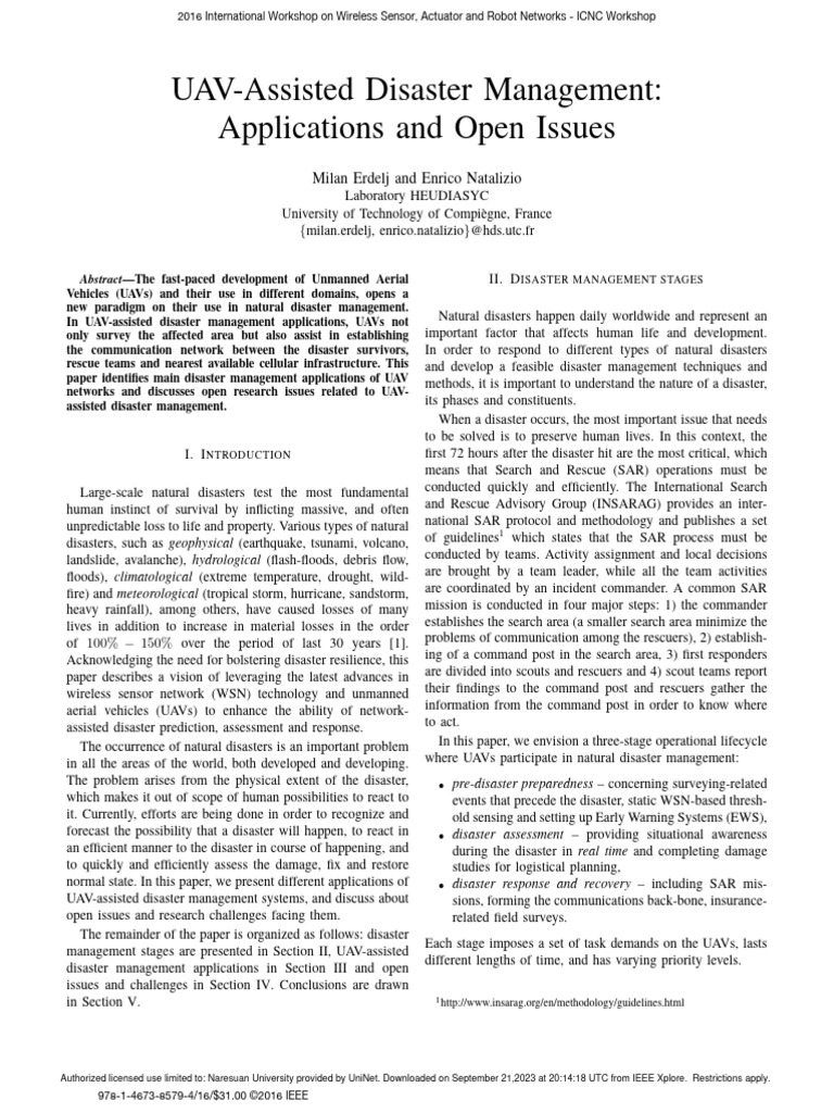 Uav Assisted Disaster Management Applications And Open Issues Pdf Wireless Sensor Network