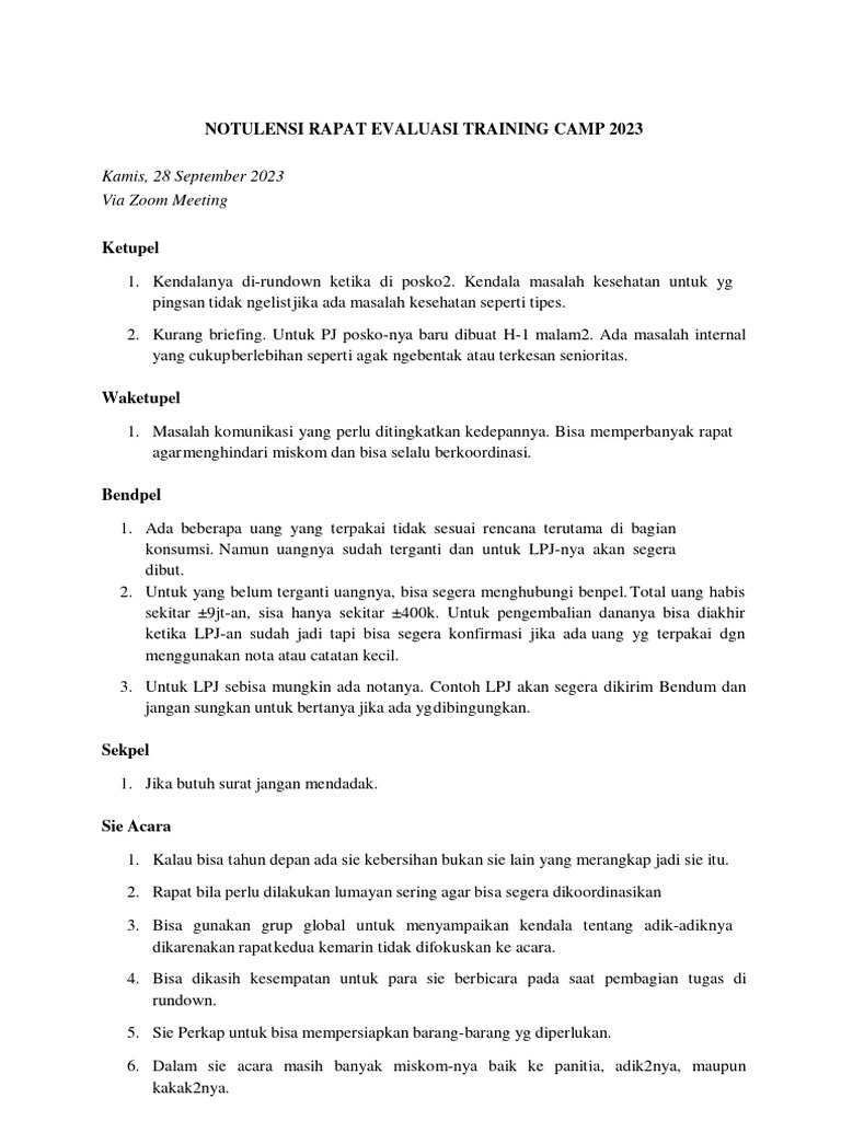 Notulensi Rapat Evaluasi - Training Camp 2023 | PDF