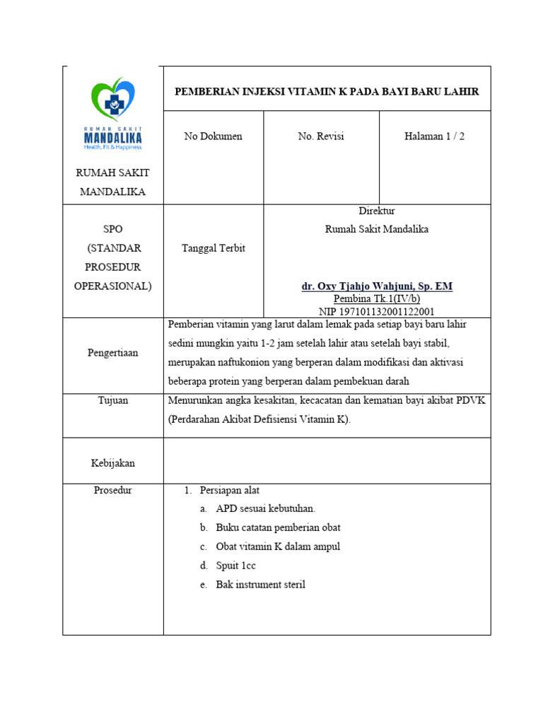 SOP Injeksi Vitamin K Bayi Baru Lahir | PDF
