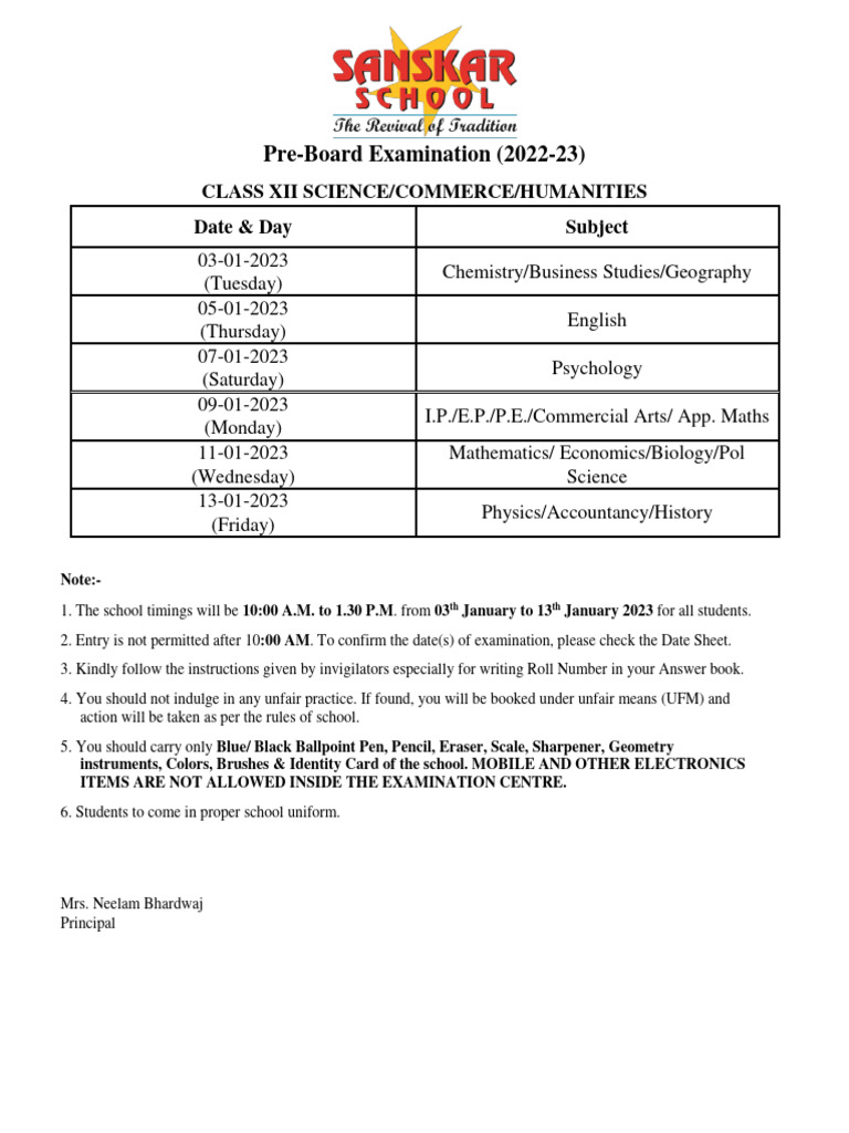 Pre Board Examination Class XII Datesheet-1 | PDF
