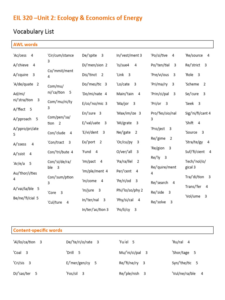 Unit2 Ecology&EconomicsOfEnergy VocabularyList | PDF