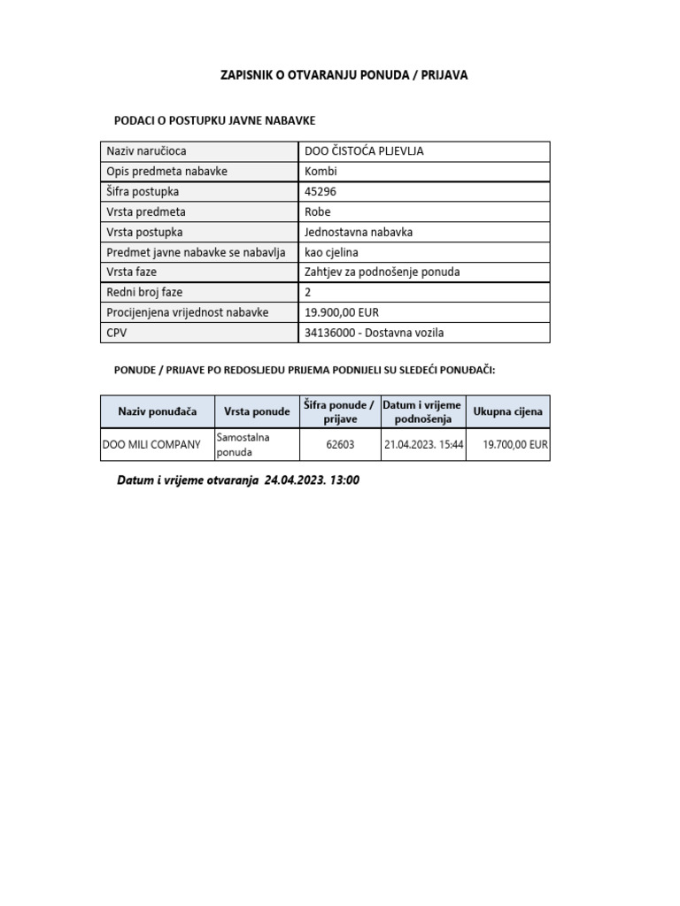 Zapisnik o Otvaranju Ponuda Prijava | PDF
