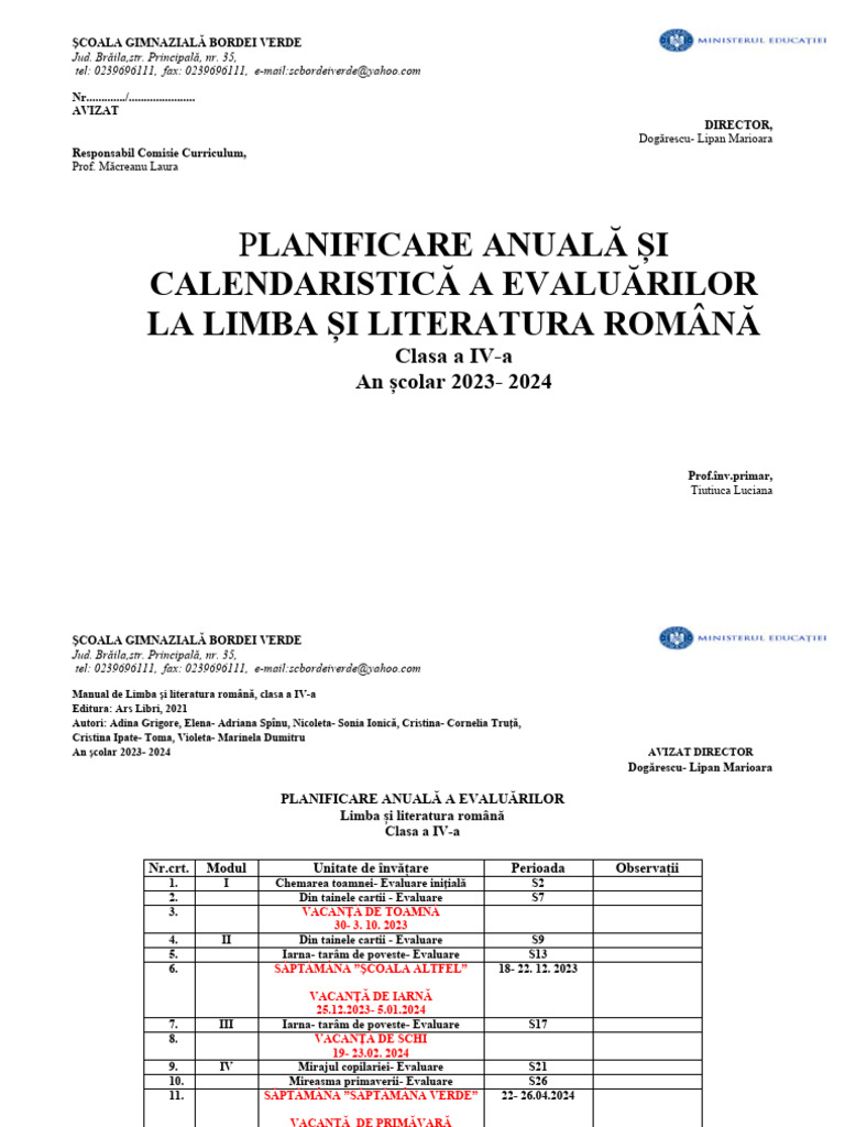Planificare Evaluari Romana4 | PDF