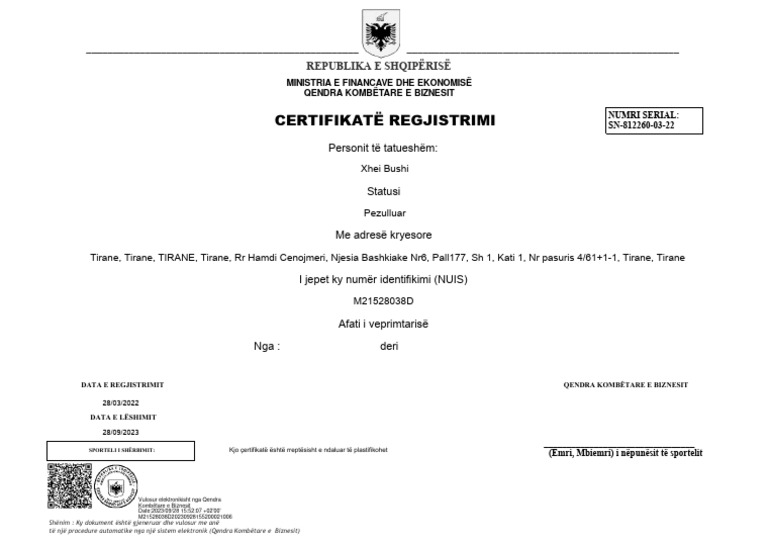 Certifikate Regjistrimi 20230928 | PDF