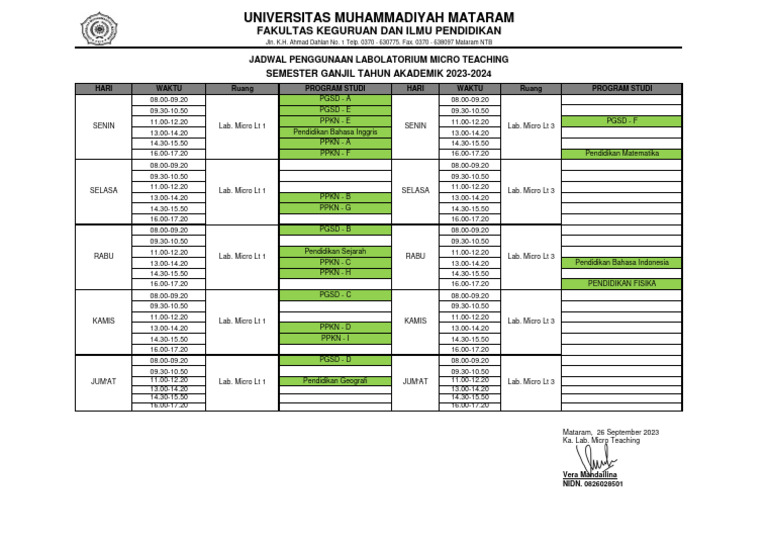 Jadwal Penggunaan Lab Micro Teaching 2023-2024 | PDF