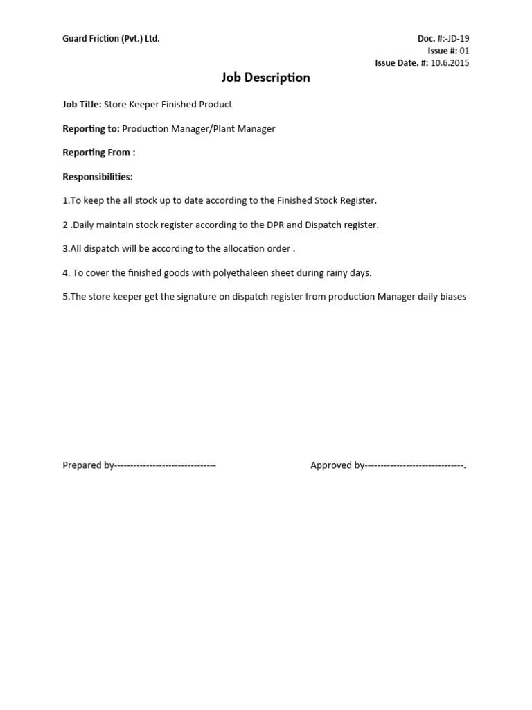 Store Keeper Job Description | PDF