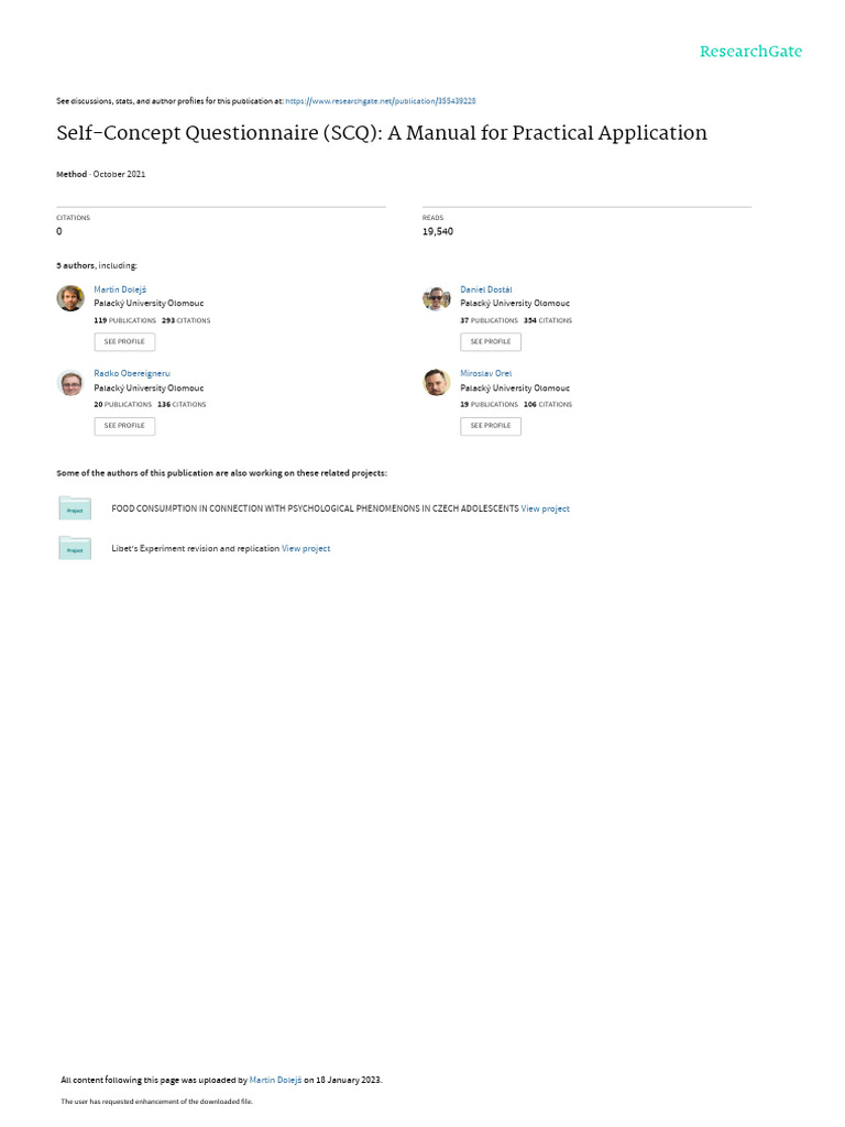 Self-Concept Questionnaire (SCQ) Manual | PDF | Psychology | Social ...