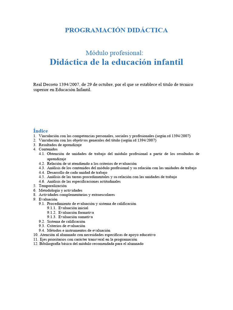 Ejemplo de Programacion Didactica de La Educacion Infantil (2 Ed.) | PDF