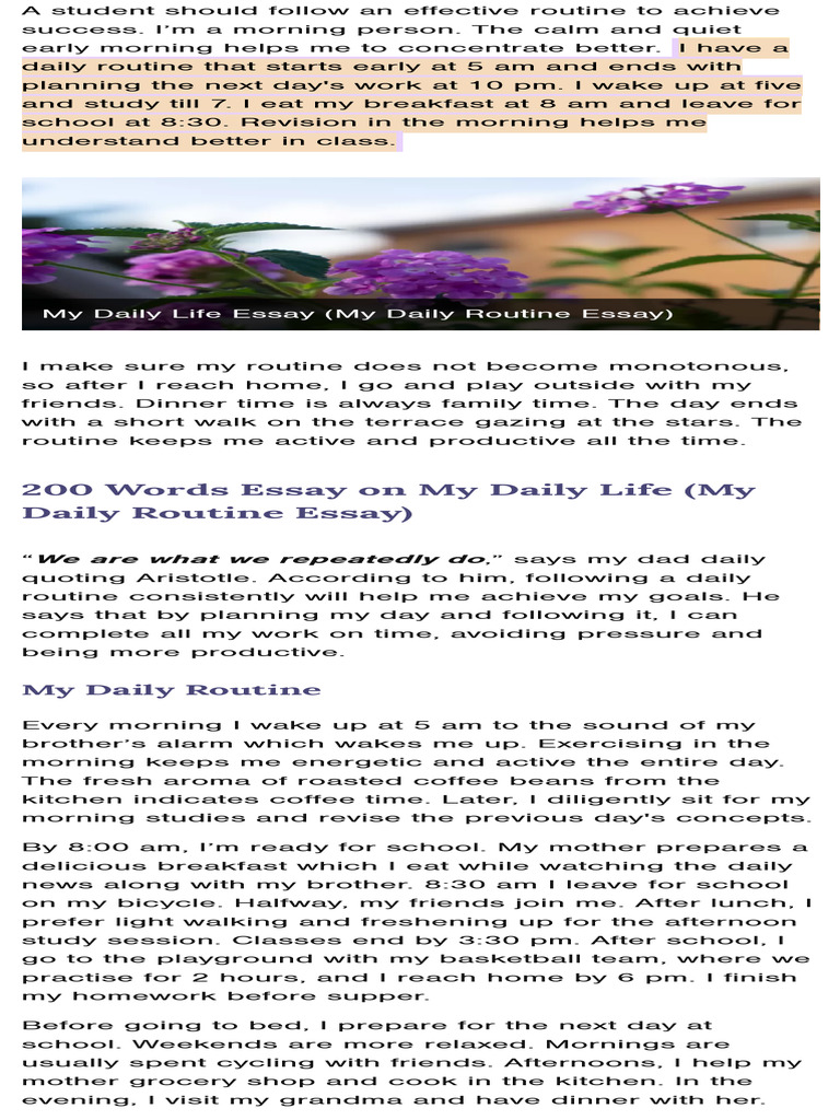 My Daily Life Essay (My Daily Routine Essay) - 10 | PDF