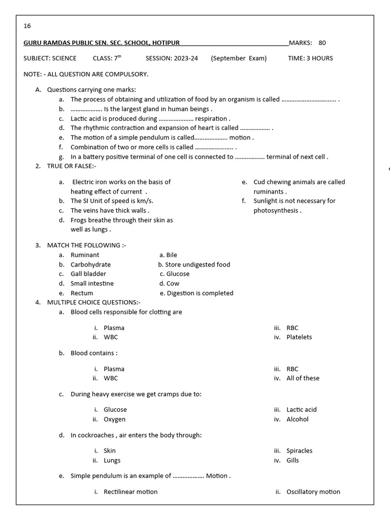 Science Exam Class 7 | PDF | Blood | Nutrition