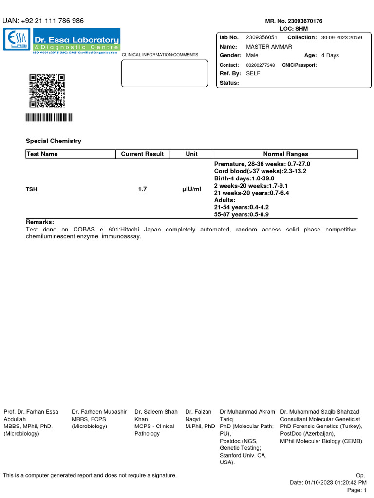 Newborn TSH Test Results Report | PDF