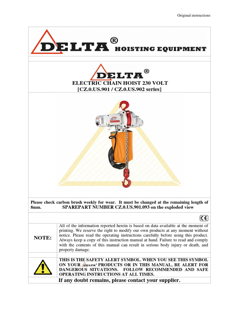 DELTA operation manual electric chain hoist 230 volt [CZ.0.US serie ...
