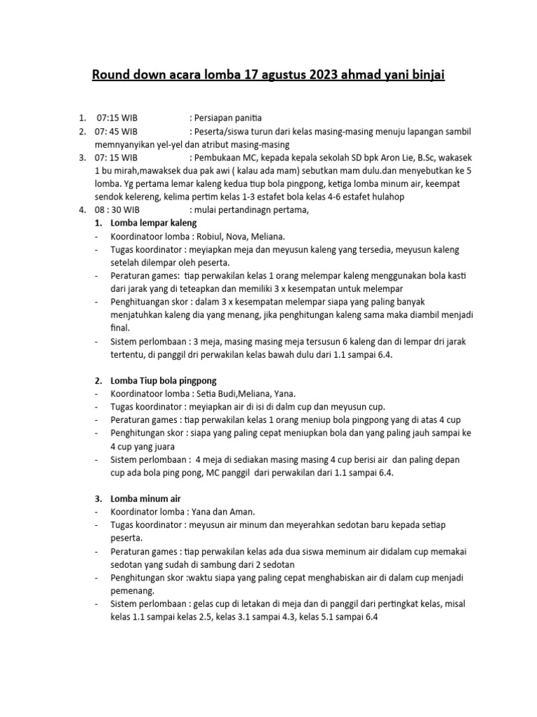Round down acara lomba 17 agustus 2023 ahmad yani binjai | PDF