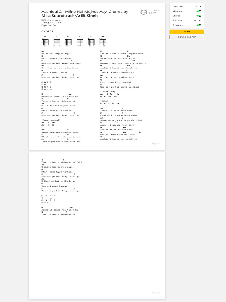 Aashiqui 2 - Milne Hai Mujhse Aayi Chords (ver 2) by Misc ...