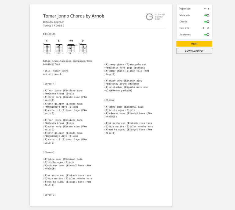 Tomar Jonno Chords by Arnobtabs at Ultimate Guitar Archive | PDF