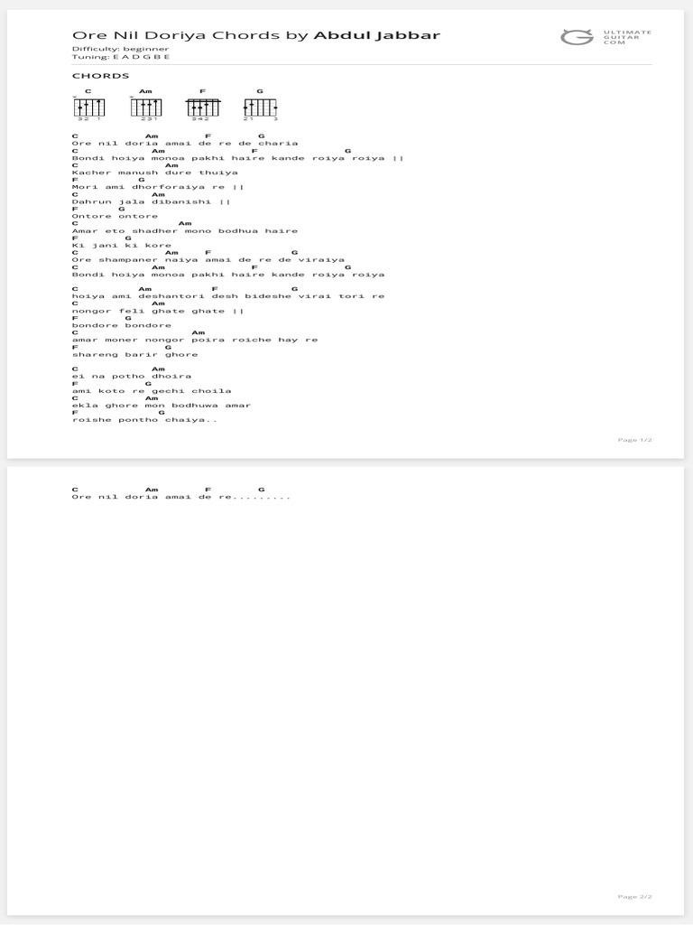 Ore Nil Doriya Chords by Abdul Jabbartabs at Ultimate Guitar Archive | PDF | Song Structure ...