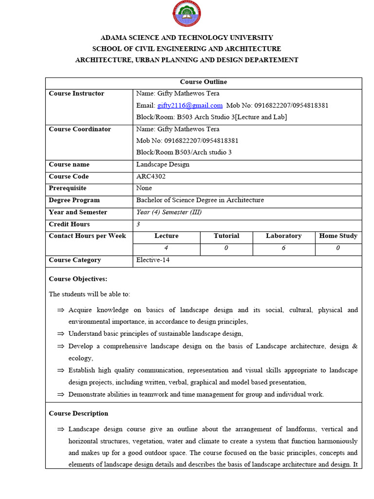 Course Outline For Landscape Design-ARC 4302 | PDF | Landscape | Design