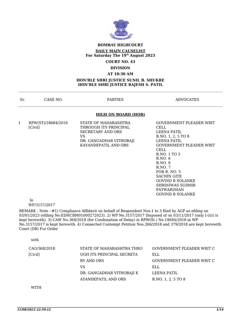 Bombay High Court Cause List | PDF | Common Law | Separation Of Powers