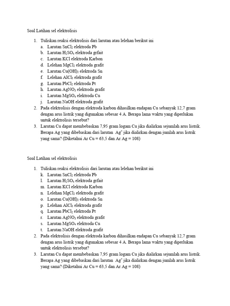 Soal Latihan Sel Elektrolisis | PDF