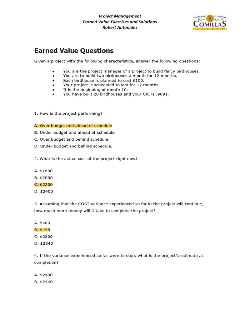 Gestion de Proyectos - Earned Value Exercises | PDF
