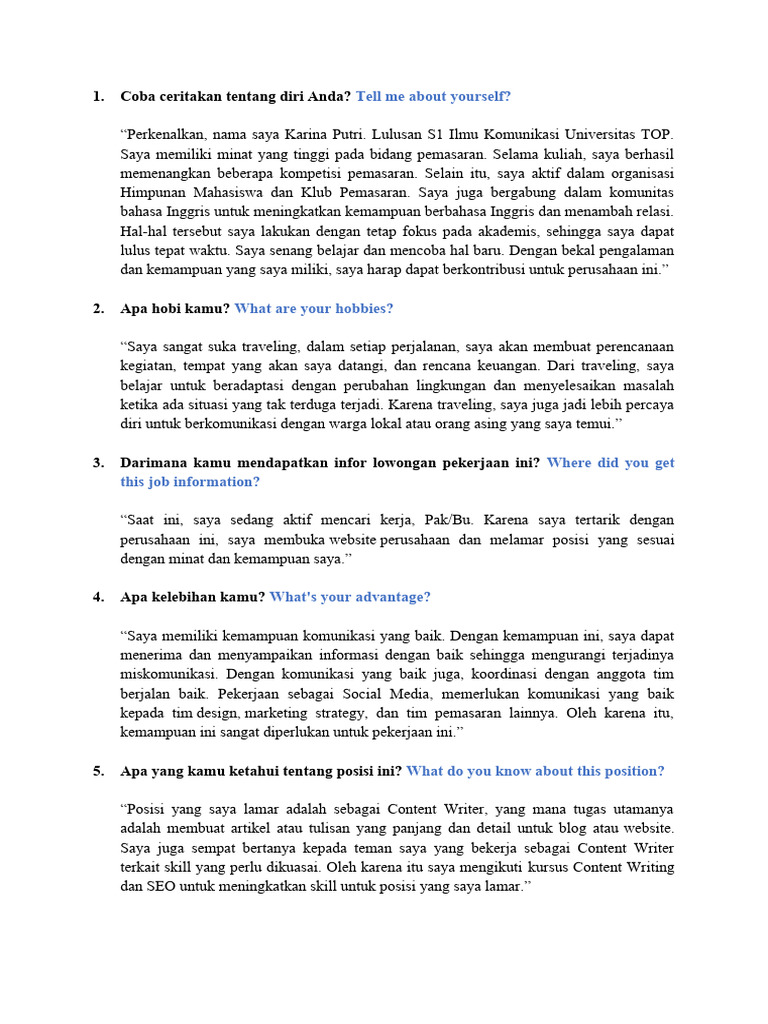 Pertanyaan Dan Jawaban Interview Terbaru | PDF