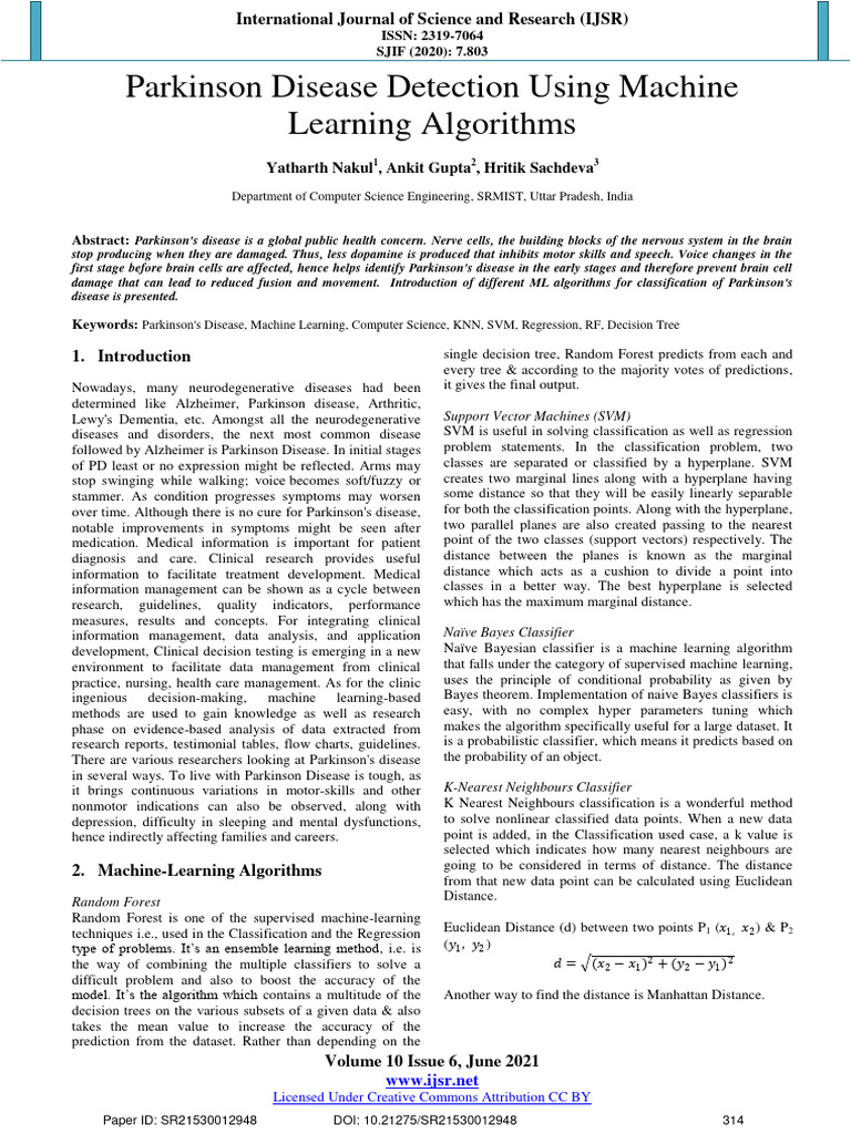Parkinson Disease Detection Using Machine Learning Algorithms | PDF