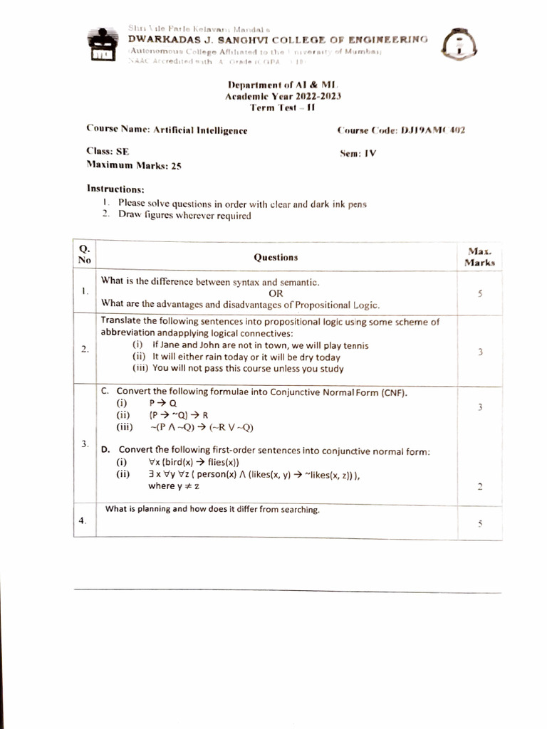Artificial Intelligence - TT 2 | PDF | Mathematics | Mathematical Logic