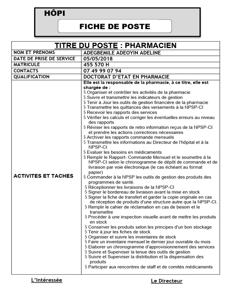 FICHE DE POSTE PHARMACIEN | PDF