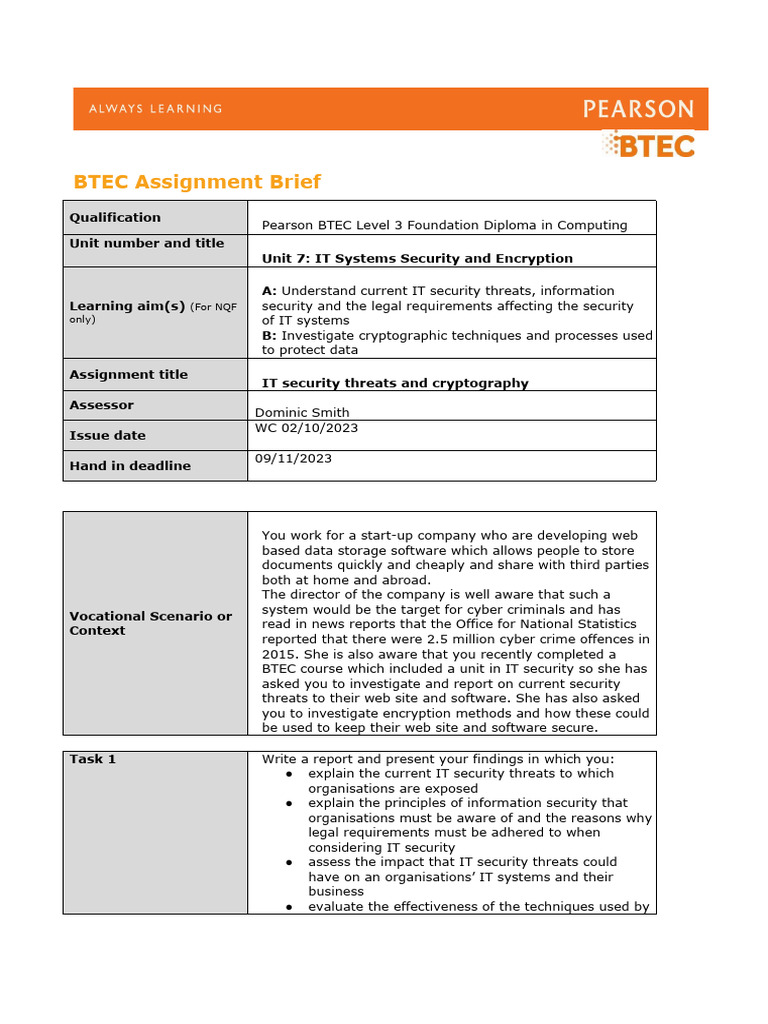 U7 AAB For Learning Aims A and B Unit 7 IT Systems Security and ...