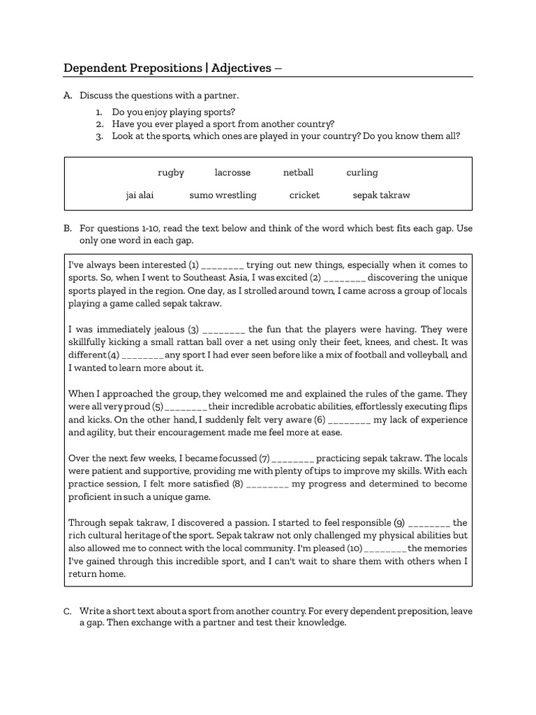 Dependent-Prepositions-Adjectives-Open-cloze | PDF