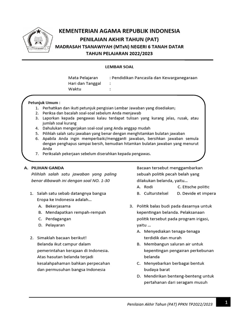 Soal Pat PPKN KLS 8 SMT 2 | PDF