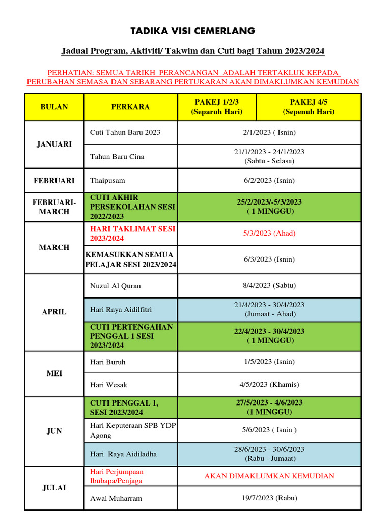 Takwim Tahunan Tadika Visi Cemerlang Sesi 2023-2024 | PDF