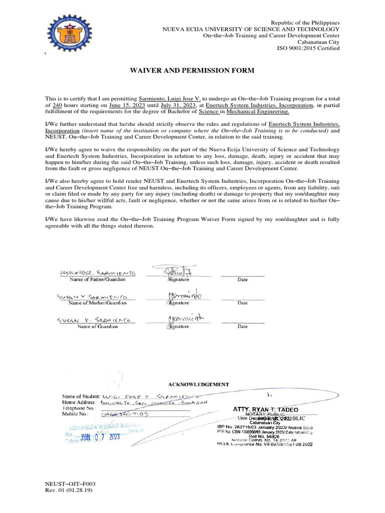OJT Waiver Form for NEUST Students | PDF