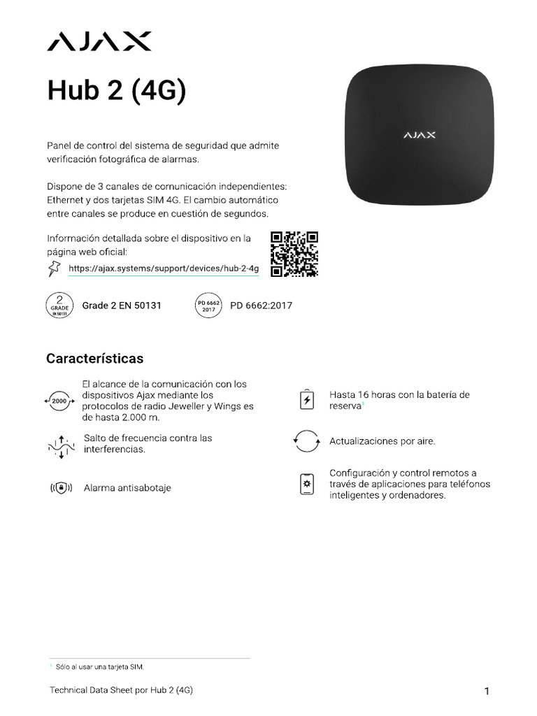 Hub 2 4G - Ficha Técnica AJAX | PDF