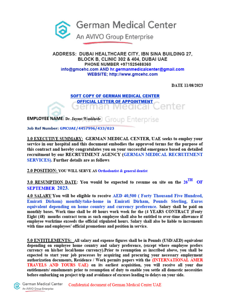 German Medical Centre Offer Letter | PDF | Employment | Salary