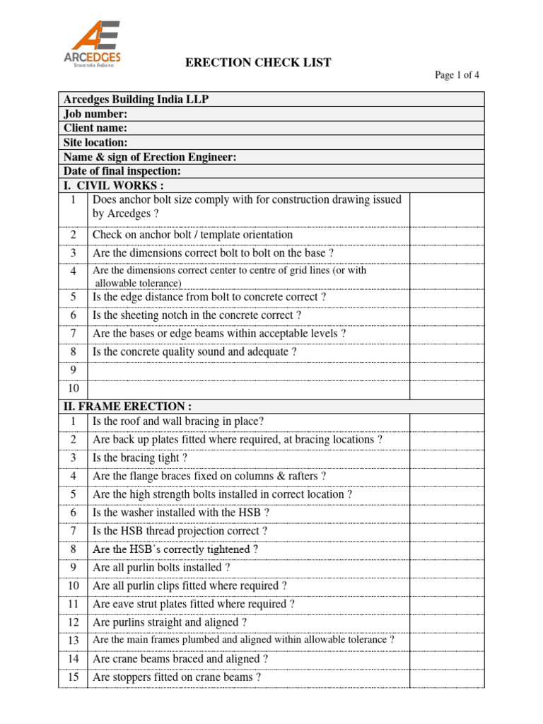 Form CS-28 Erection Checklist | PDF | Screw | Rivet