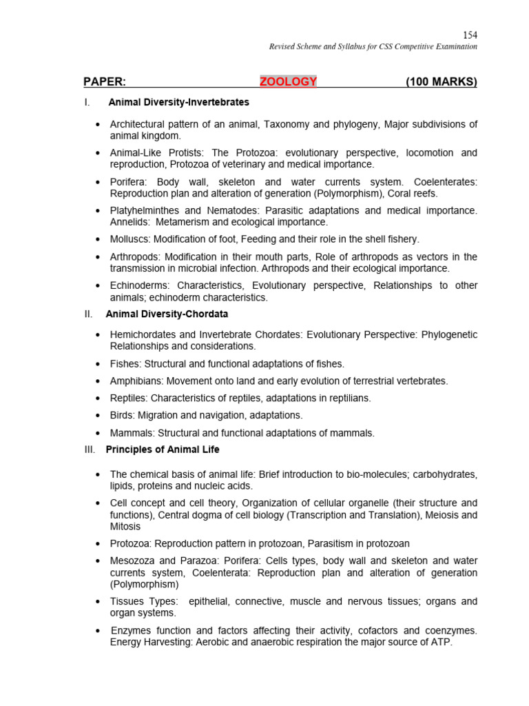 Zoology Past Papers and Syllabus | PDF