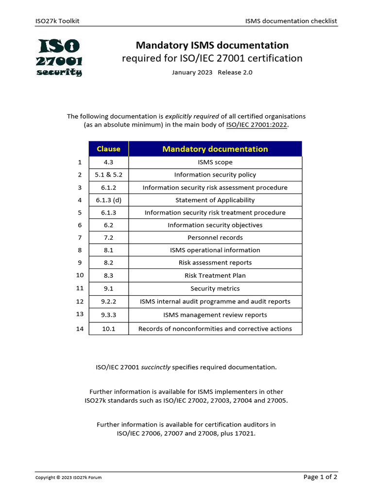 ISO27k ISMS 4.4 Mandatory Documentation Checklist 2023 | PDF ISO27k ISMS 4.4 Mandatory Documentation Checklist 2023 | PDF