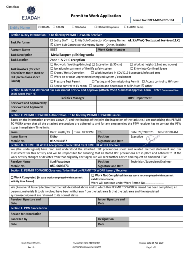 ESM5-Mod3-P013-F1- Permit to Work Application - BBET MEP | PDF