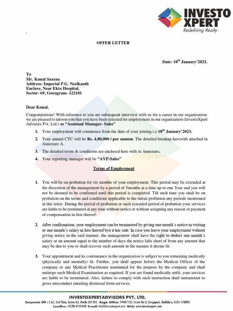 Offer Letter - Kunal Saxena (Gurgaon) | PDF | Salary | Employment Offer Letter - Kunal Saxena (Gurgaon) | PDF | Salary | Employment