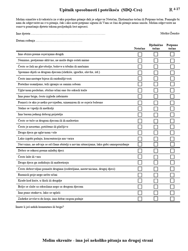 SDQ Za Roditelje | PDF