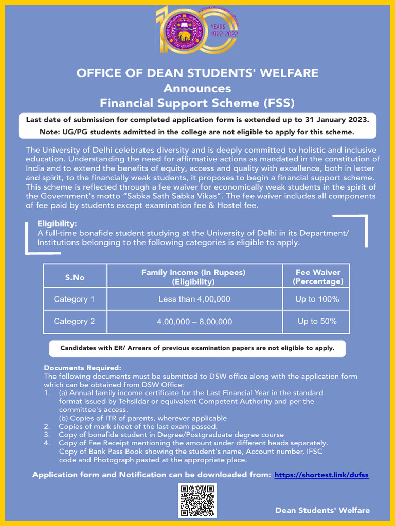 Announces Financial Support Scheme (FSS) : Office of Dean Students' Welfare | PDF