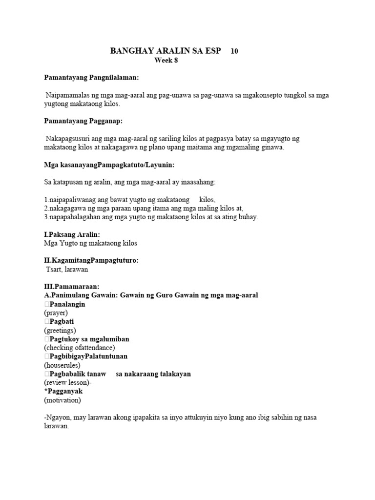 BANGHAY ARALIN SA ESP 10pamantayang Pangnilalaman | PDF
