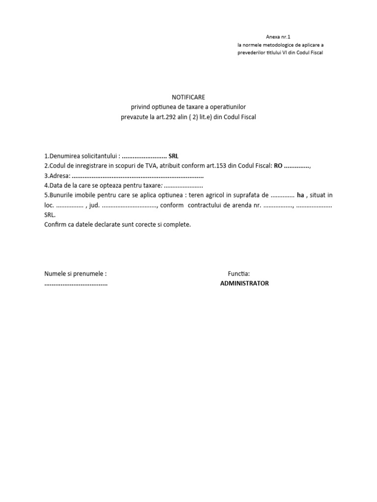 Notificare TVA Arenda | PDF