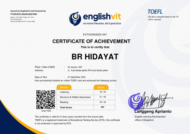 Englishvit - Online Toefl Test 3 - Certificate | PDF